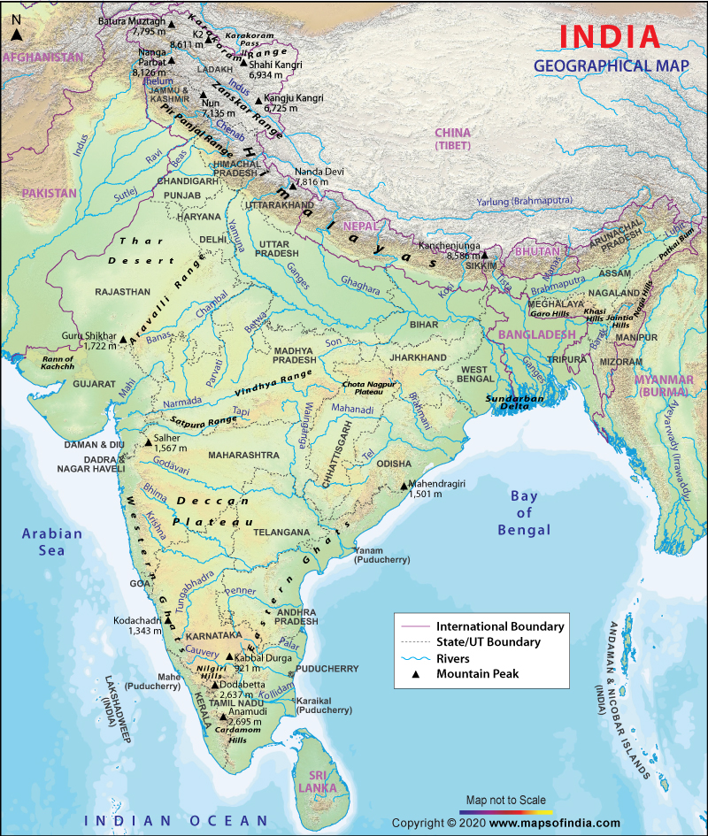 India Physical Map Rivers And Mountains
