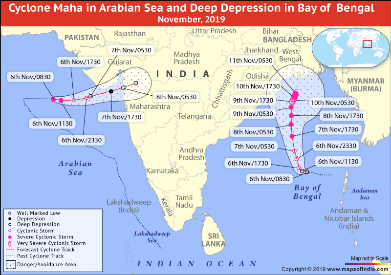 map-showing-paths-of-cyclone-maha-and-cyclone-bulbul | My India