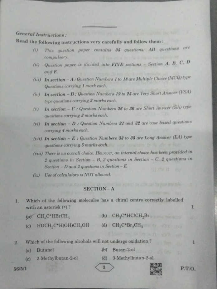 Class 12 Chemistry Exam Today’s Term 2 Question Paper & Answer Key 2023 ...