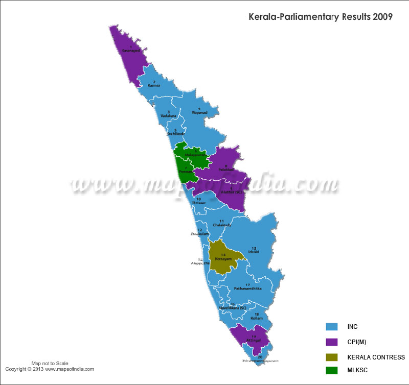 Kerala General (Lok Sabha) Election Results 2014, 2009 and 2004