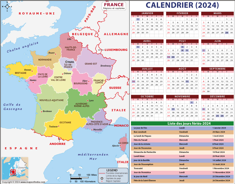 Calendrier France Année 2024 | Vacances scolaires en 2024