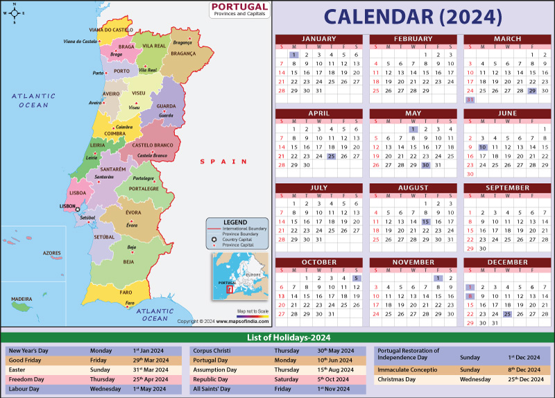 Portugal Map Calendar 2024 - Seasonal Holidays