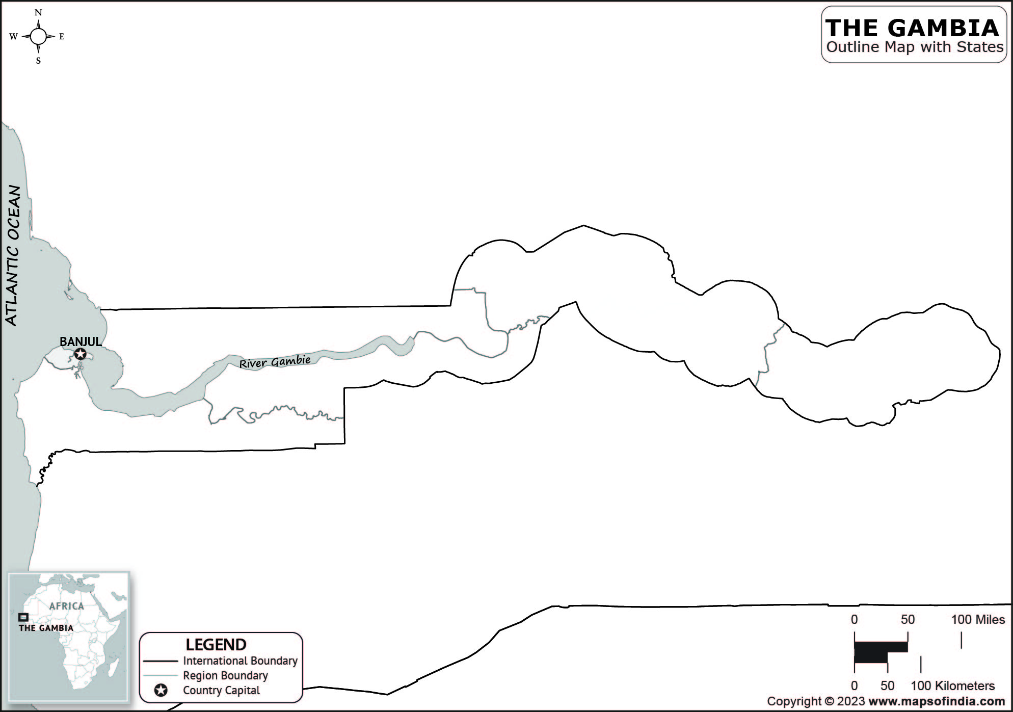 The Gambia Outline Map | The Gambia Outline Map with State Boundaries