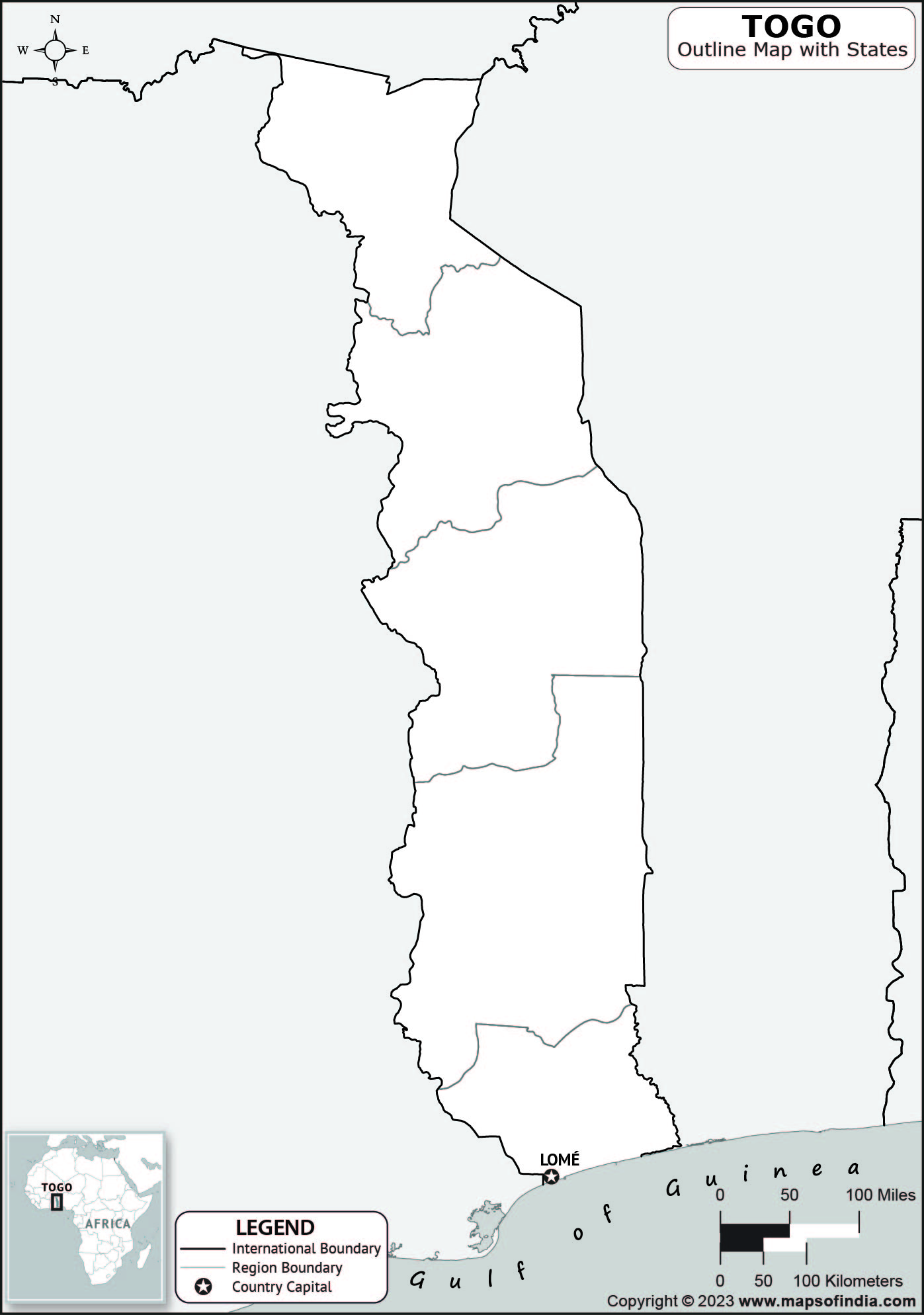 Togo Outline Map | Togo Outline Map with State Boundaries